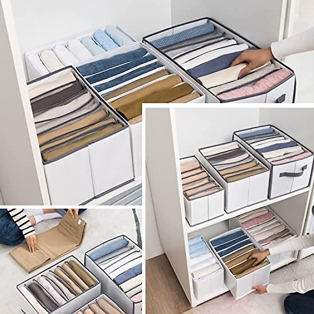 2 Pcs Wardrobe Clothes Organizer with Support Board- Foldable Mesh Closet Storage Large 7 Grids Divider Drawer Organizers Washable Compartment Box for Jeans T-shirt Pants Legging (L-7Grids), White