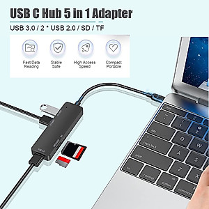 USB C Hub, 5 in 1 USB Type C Hub Adapter to 1 USB 3.0 Port/ 2 USB 2.0 Ports and SD/TF Card Reader for PC, Laptop, MacBook, and Smartphones