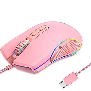 HXMJ Wired USB C Gaming Mice,7 Colors Backlit for Apple MacBook,Computer or Laptops with Type C Port-Matte Pink