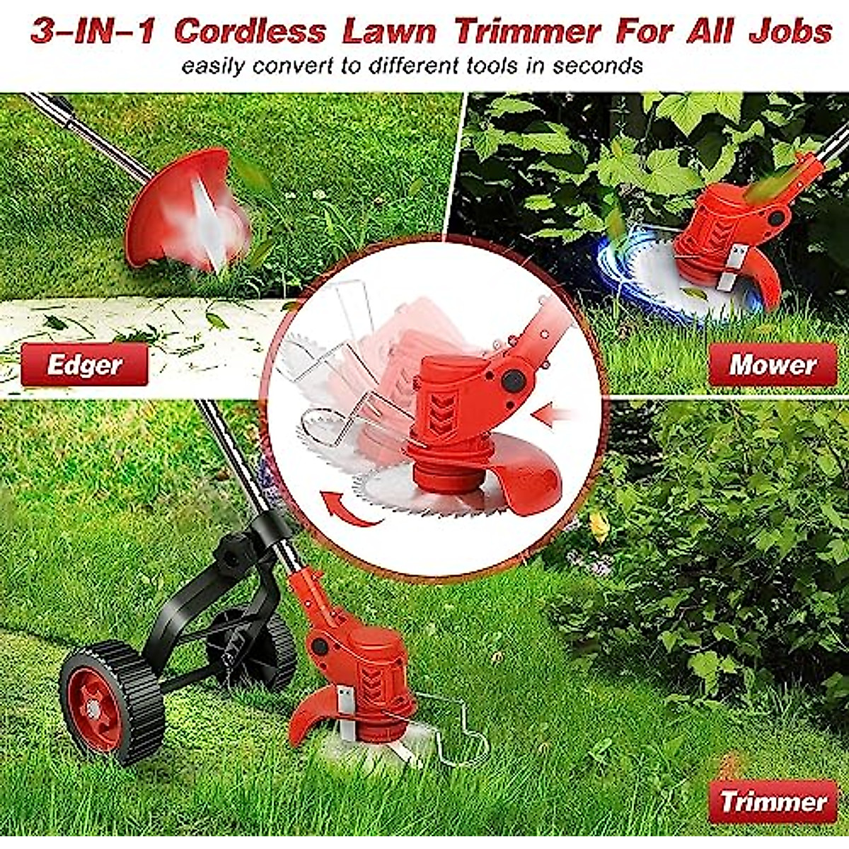 Weed Wacker Battery Operated Edger Trimmer 21V 2000mAh, Electric Weed Eater Cordless Brush Cutter, 3-in-1 Lawn Edger Grass Trimmer Adjustable Mini Lawn Mower, 8 Blades, 1 Wheel, 2 Batteries,1 Charger