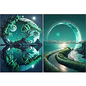 DOTSOPS 2P DIY Diamond Painting Kits 5D Full Drill for Adults Art Moon Tree Combo Suitable Kids Home Wall Decor Christmas All Saints' Day Gifts of Life Crystal Rhinestone Embroidery Craft12x16in