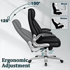 NexHut Office Chair, Ergonomic Desk Chair, 500lbs Heavy Duty Executive Leather Chair with Adjustable Lumbar Support, Flip-up Arms, Wide Thick Seat, High Back Comfy Computer Chair for Back Pain