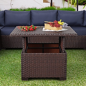 Patio Rattan Coffee Table with Hidden Storage, Wicker Liftable Dinning Table, Versatile Piece of Outdoor Furniture, Brown