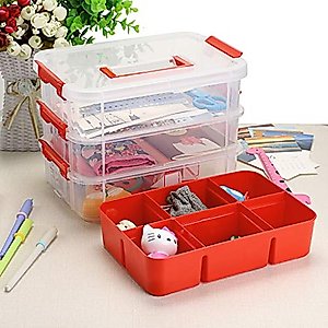 BTSKY 3 Layer Stack & Carry Box, Plastic Multipurpose Portable Storage Container Box Handled Organizer Storage Box with Removable Tray for Organizing Sewing, Art Craft, Supplies Red