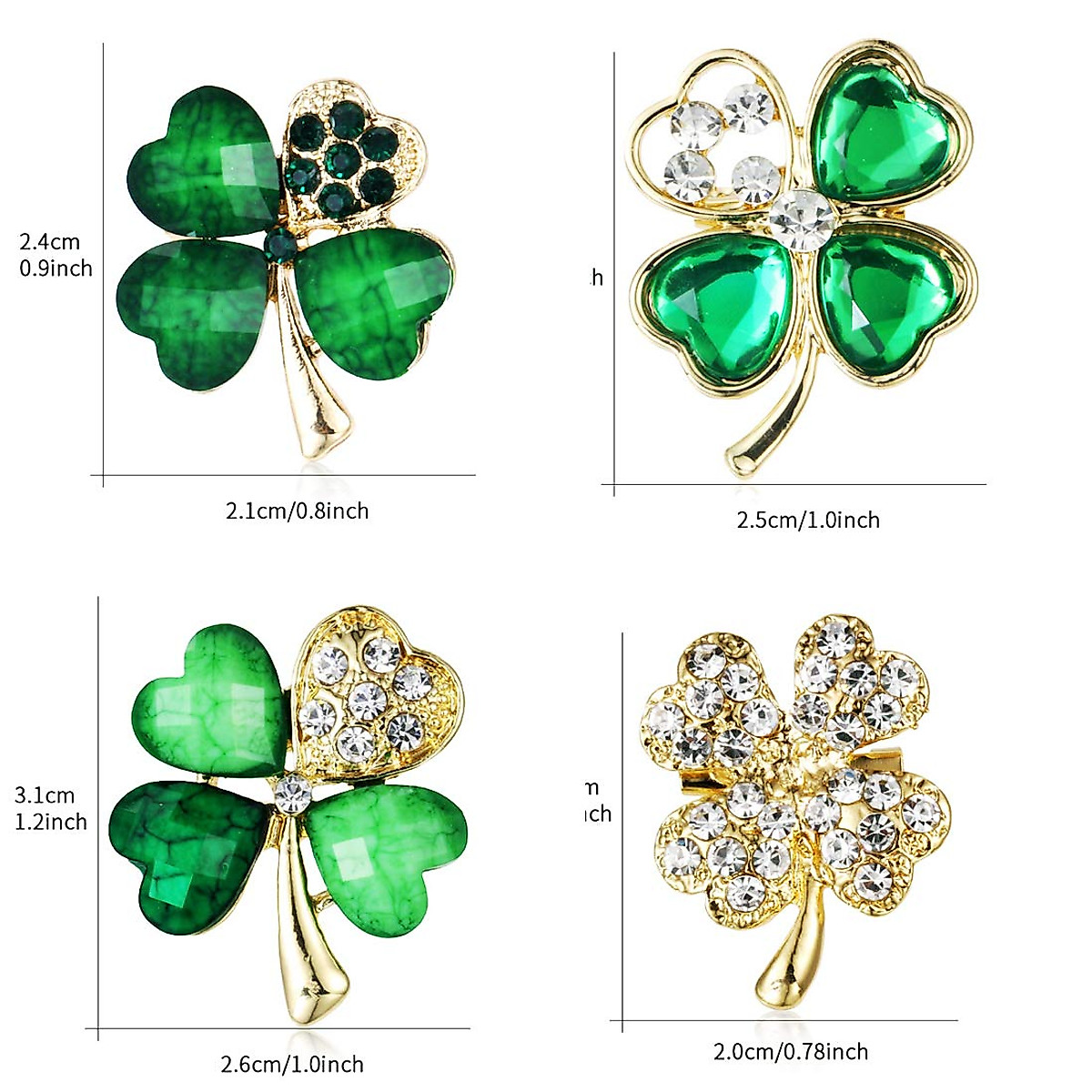 4 Pcs St. Patrick's Day Good Luck Charm Green Four Leaf Shamrock Clover Pin Brooch