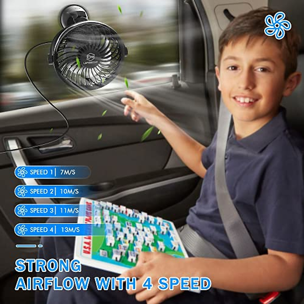 LEMOISTAR USB Powered 5V Car Fan, Powerful 4 Speed Quiet Ventilation Electric Cooling Fans with Clip/Hook/Suction Cup, Portable Car Fans for Rear Backseat Passenger Dog(USB Powered ONLY)