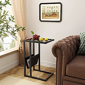 Gewudraw Side Table End Table, C Shaped End Table, Narrow Side Table Sofa Couch Table Black Metal Glass End Table with Storage Bag for Bedroom, Living Room, Office and Small Spaces