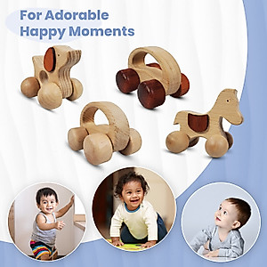TEKOR Wooden Animal Push Toy with Wheels | Baby & Toddler | Grasping & Teething | Natural Organic Beech Wood | Develops Fine Motor Skill | Coordination | Smooth No Rough Edges | (Package of 4 Toys)