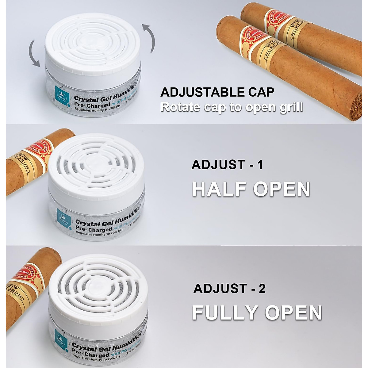Crystal Gel Humidifier for Cigar Humidors (3 oz jar) -2 pack, Pre-filled PG Humidor Solution,Cigar Humidifier with Adjustable Cap,Keep 70% RH, Reusable Humidor Humidifier fit all Humidor Cigar Box