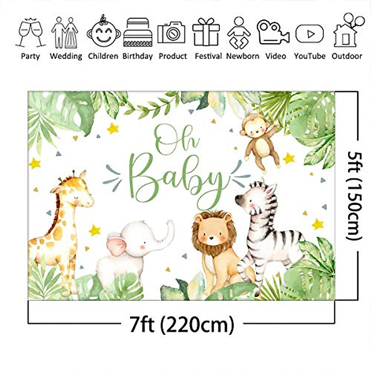 Mocsicka Boy Safari Baby Shower Backdrop Oh Baby Jungle Animals Photography Background Vinyl Zoo Animal Green Leaves Photo Booth Banner Supplies (7x5ft)