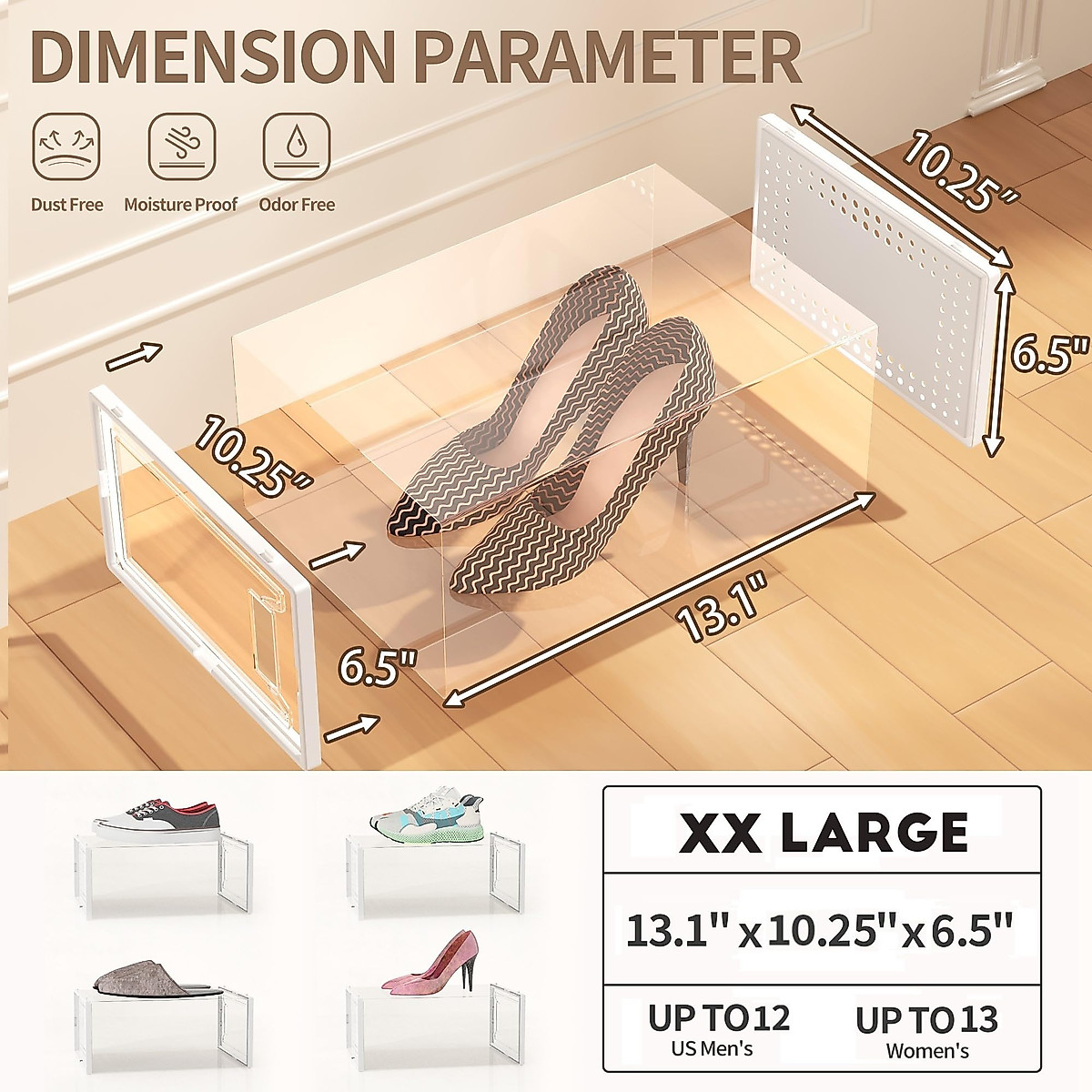 12 Pack XX Large Shoe Organizer Storage Boxes for Closet, Modular Space Saving Shoe Boxes Clear Plastic Stackable Sneaker Containers Display Case with Lids, White