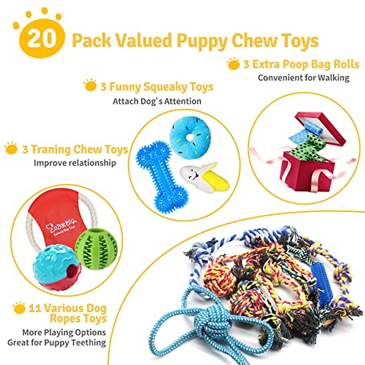 Zeaxuie 20 Pack Valued Puppy Toys for Teething Small Dogs - Puppy Chew Toys with Rope Toys, Dog Treat Balls & Dog Squeak Dog Chew Toys