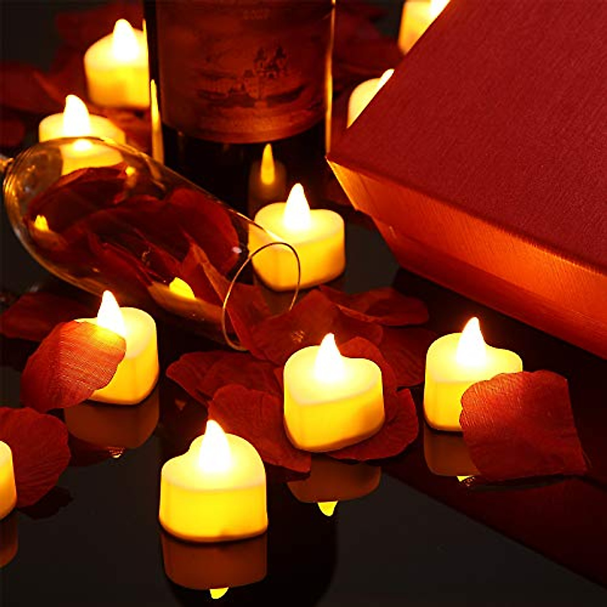 48 Pieces Heart LED Candles Love LED Tealight Candles Flameless Romantic with 2000 Packs Artificial Rose Petals for Romantic Night Valentine's Day Anniversary Decorations