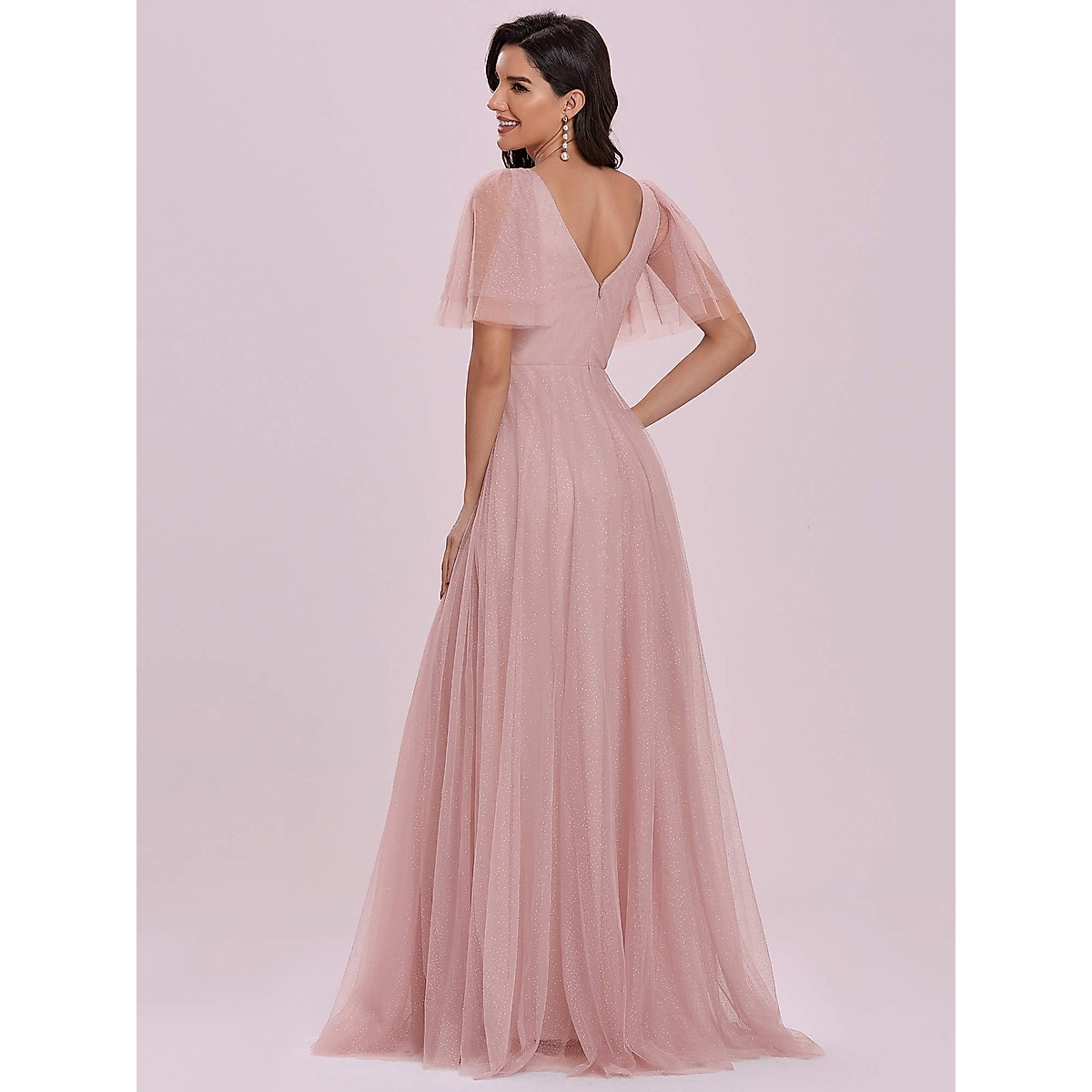 Ever-Pretty Women's Illusion V Neck Short Flare Sleeve Tulle Bridesmaid Dress Pink US4