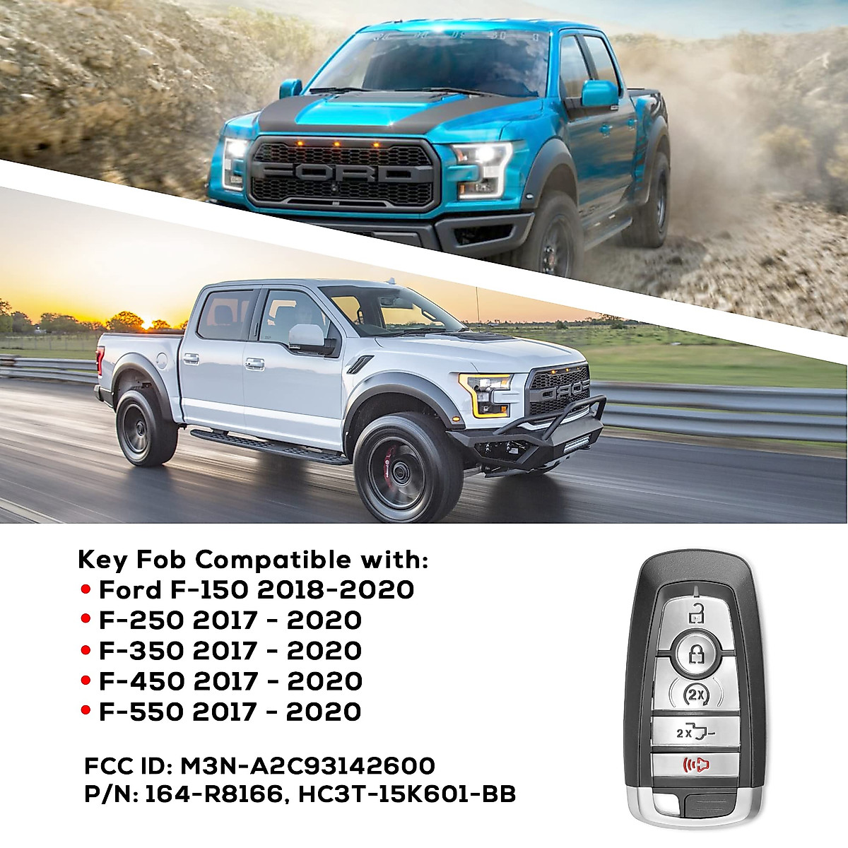 VOFONO Compatible with keyless Entry Remote Key Fob Ford F-150 2018 - 2020/F-Series F-250 F-350 F-450 F-550 2017 - 2020 FCC ID: M3N-A2C93142600, P/N: 164-R8166, HC3T-15K601-BB