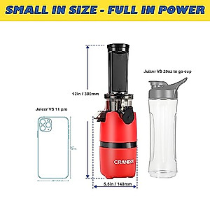CRANDDI Super Mini Juicer Machines, 110v, 100w Slow Masticating Juicer Easy to Clean, Cold Press Juice Extractor with Brush and Reverse Function for Fruit Vegetable Juice, M-228 Red