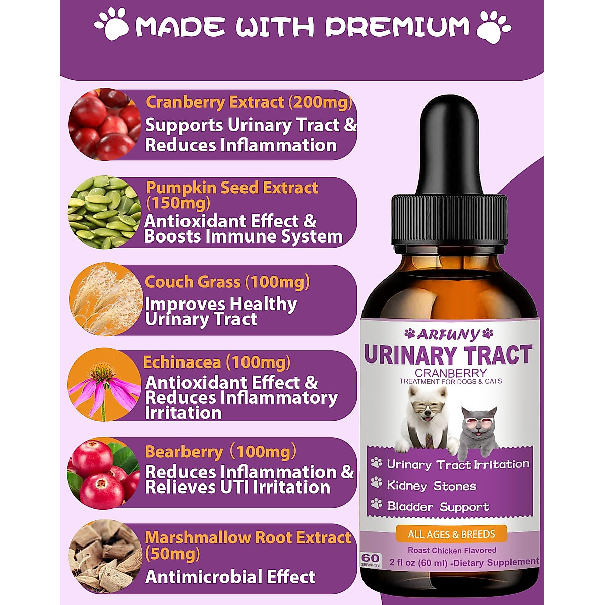 Cat & Dog Urinary Tract Infection Treatment | 60ML Support Bladder, Kidney & Incontinence | Cranberry Supplement for Cats & Dogs | Dog UTI | Cat UTI | Cat & Dog Kidney Support | Chicken Flavor