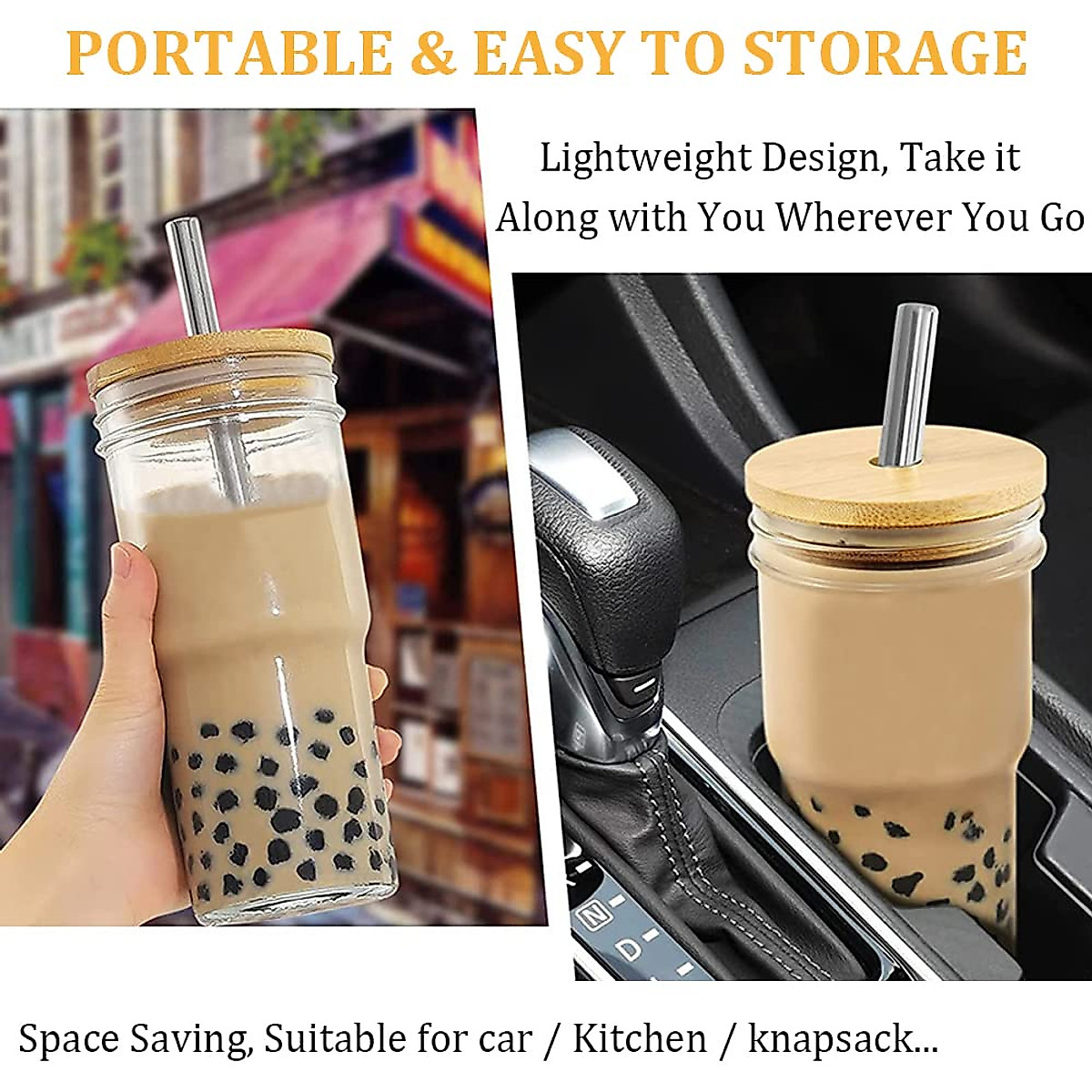 ASANMEYO 2 Pcs 24 oz Glass Cups With Bamboo Lids and Straws & 2 Airtight Lids, Reusable Smoothie Cup Mason Jar Drinking Glasses Iced Coffee Cups Glass Tumbler for Bubble Tea, Juice, Gift