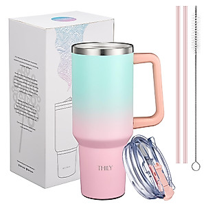 THILY 40 oz Stainless Steel Tumbler with Handle - Vacuum Insulated Travel Cup, Splash-Proof & Leakproof Lid, 2 Straws & Brush | Keeps Cold 34H/Hot 12H, Cupholder Friendly, Candy Pink
