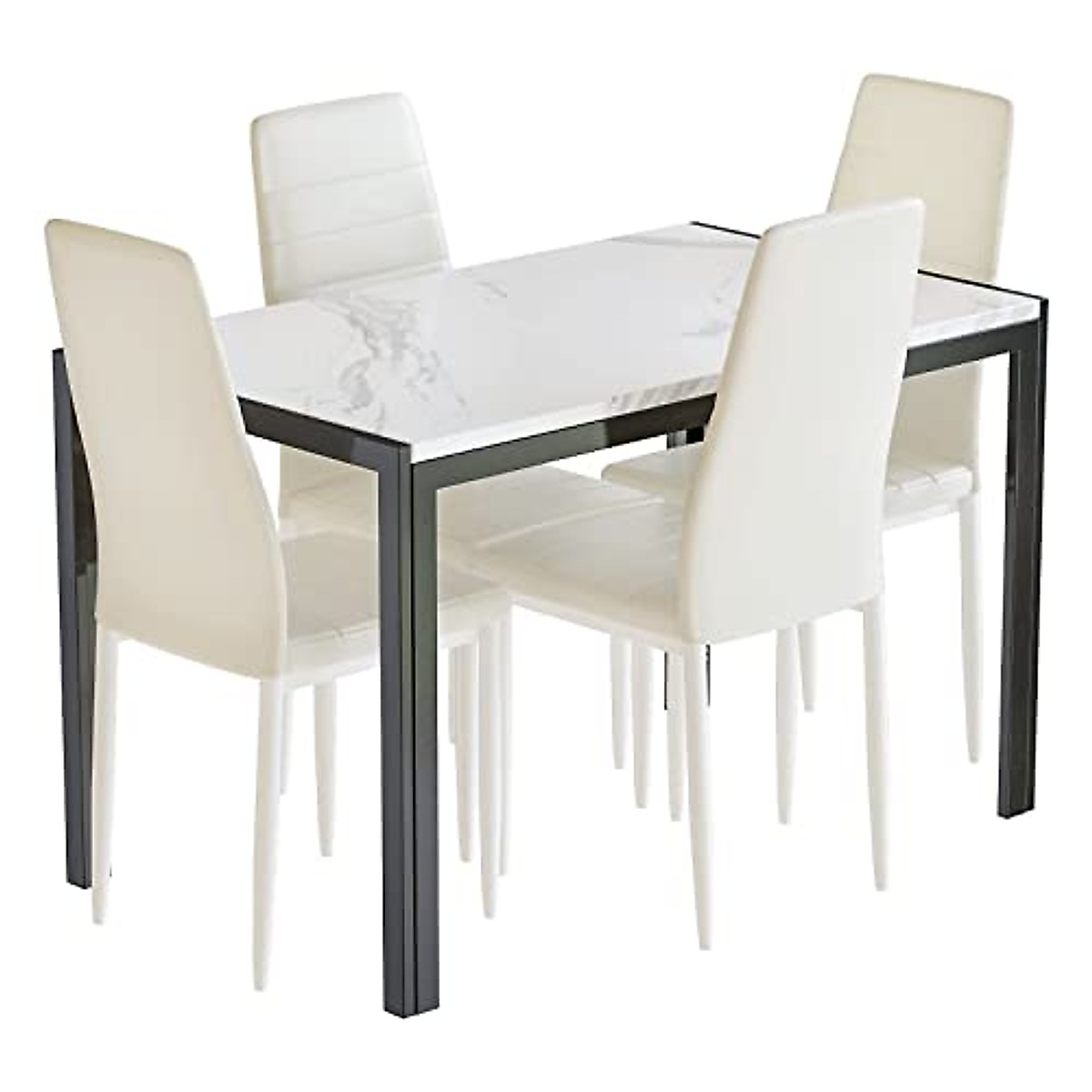 AWQM Marble Dining Table Set for 4, Rectangular Faux Marble Table and 4 PU Leather Chairs, 5 Pieces Kitchen Table Set,Ideal for Living Room, Dining Room,Breakfast Nook, White&Beige