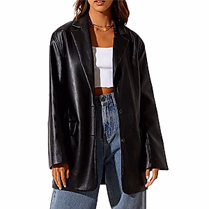 ABYOVRT Women Leather Jacket Oversized Faux Leather Blazer Button Down Lapel Coat with Pockets Vintage Streetwear (Black,Small)