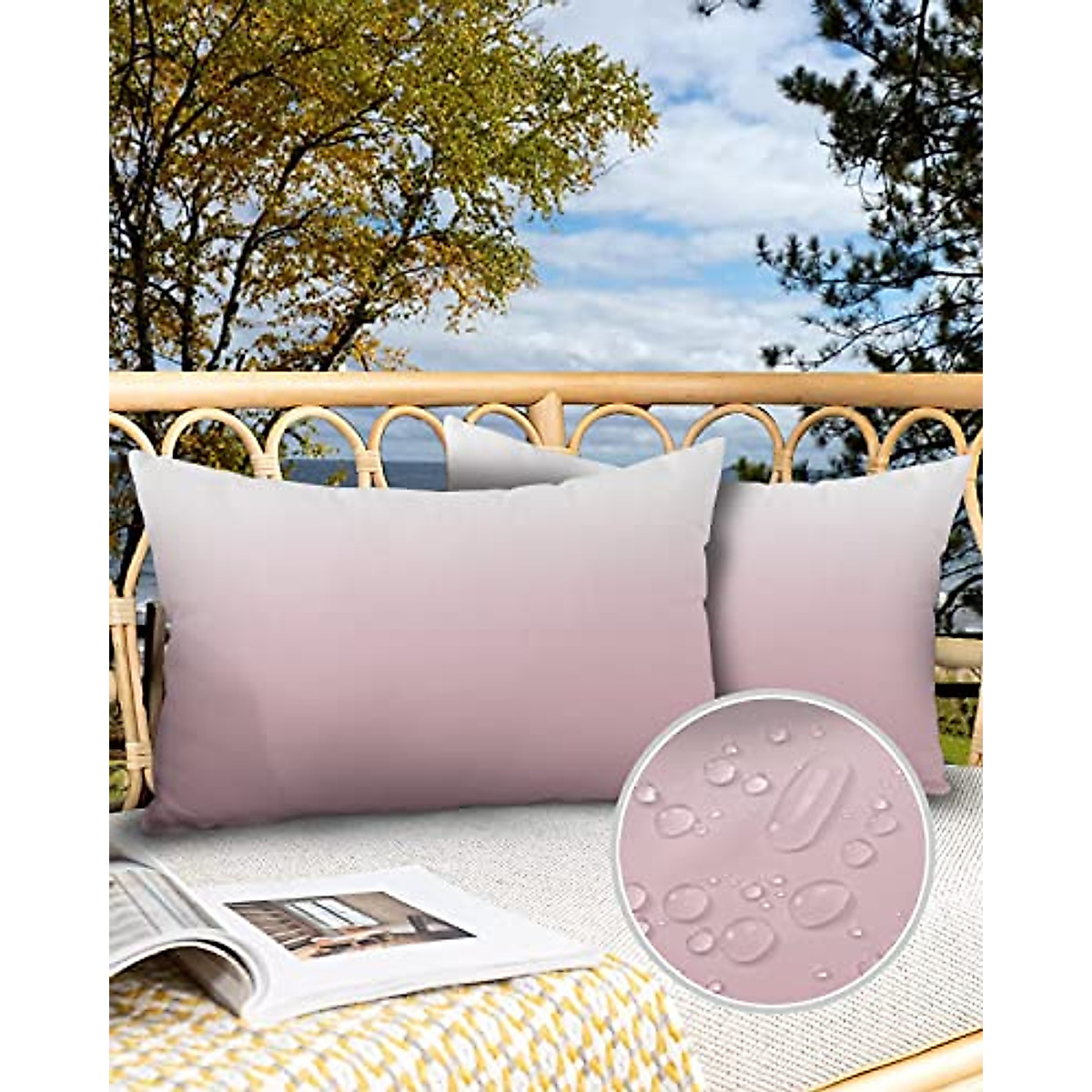 Xback Outdoor Throw Pillow Covers Waterproof Cushion Cases Set of 2, Cute Pink White Gradient Dreamy Minimalist Style Decorative Pillowcases for Patio Furniture Garden Tent-