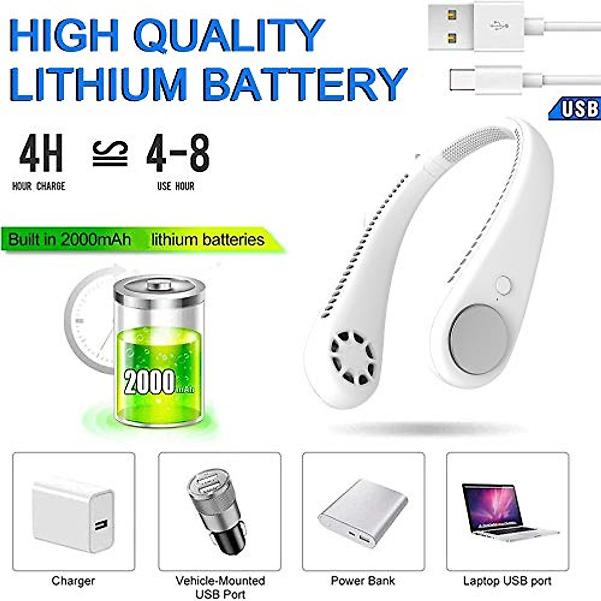 Portable Personal Bladeless Neck Fans, USB Rechargable Hanging Necklace Bladeless Fan, Hand Free Wearable Neck Fan Battery Operated Personal Fan 4 Speeds 360 Degree Free Rotation Air Cooling for Outdoor Activity (White)