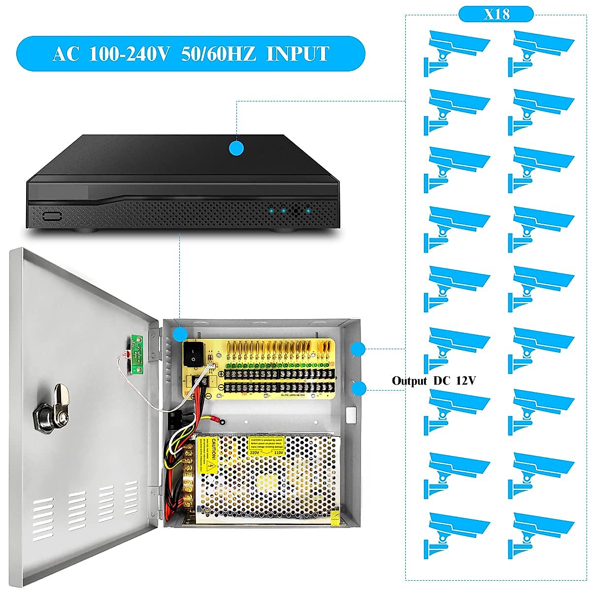 9 Channel 12 Volt DC Output 5A CCTV Distributed Power Supply Box for Security Camera with AC Plug and Lock for Security Cameras, DVRs, CCTV Power Supply (5A 9-Channel)