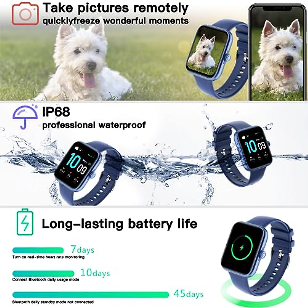 Smart Watch, Full Touch Smart Watches for Men Women Answer/Make Calls, Fitness Tracker with Heart Rate Sleep Monitor Step Counter, Multi-Sports Modes, IP68 Activity Trackers for Android iOS Phones