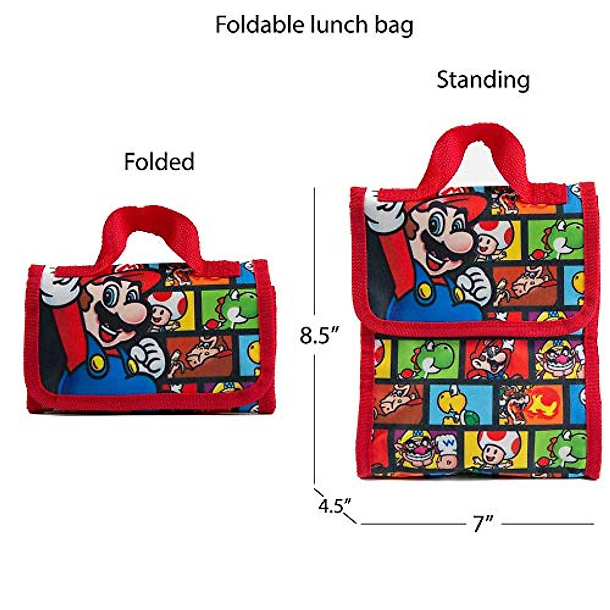 Super Mario Backpack with Lunch Box Set for Boys & Girls, 16 inch, 5 Piece Value Set