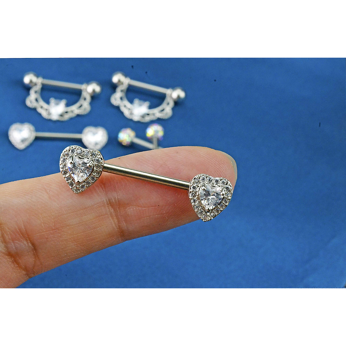 14G Dainty CZ Love Heart Nipple Rings Tongue Ring Surgical Steel Nipple rings Piercing Women Barbells 2Pcs 25/8"(16mm) (Silver)