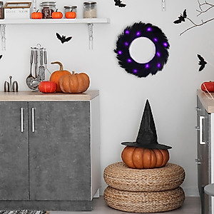 Crowye Halloween Pampas Grass Wreath with Purple Lights 26" Artificial Boho Black Pampas Wreath Large Faux Modern Wreath for Home Birthday Halloween Indoor Outdoor Front Door Party Decor