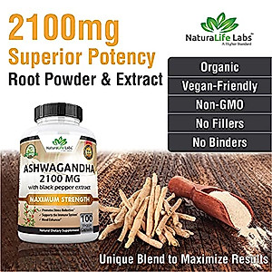 Organic Ashwagandha 2,100 mg - 100 Vegan Capsules Pure Organic Ashwagandha Powder and Root Extract - Stress Relief, Mood Enhancer, Immune & Thyroid Support
