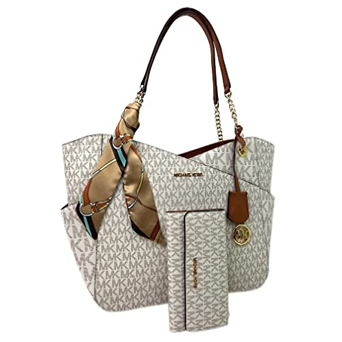 MICHAEL Michael Kors Jet Set Travel Large Chain Shoulder Tote bundled with Michael Kors Jet Set Travel Trifold Wallet (Signature MK Vanilla)