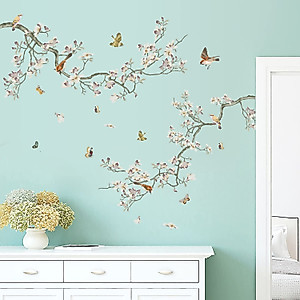 Green Leaf Branch Wall Decals White Flowers Wall Stickers DIY Removable Butterflies and Birds Wall Sticker Art Home Decoration for Kids Baby Girls Bedroom Classroom Offices Nursery TV Sofa Background (B)