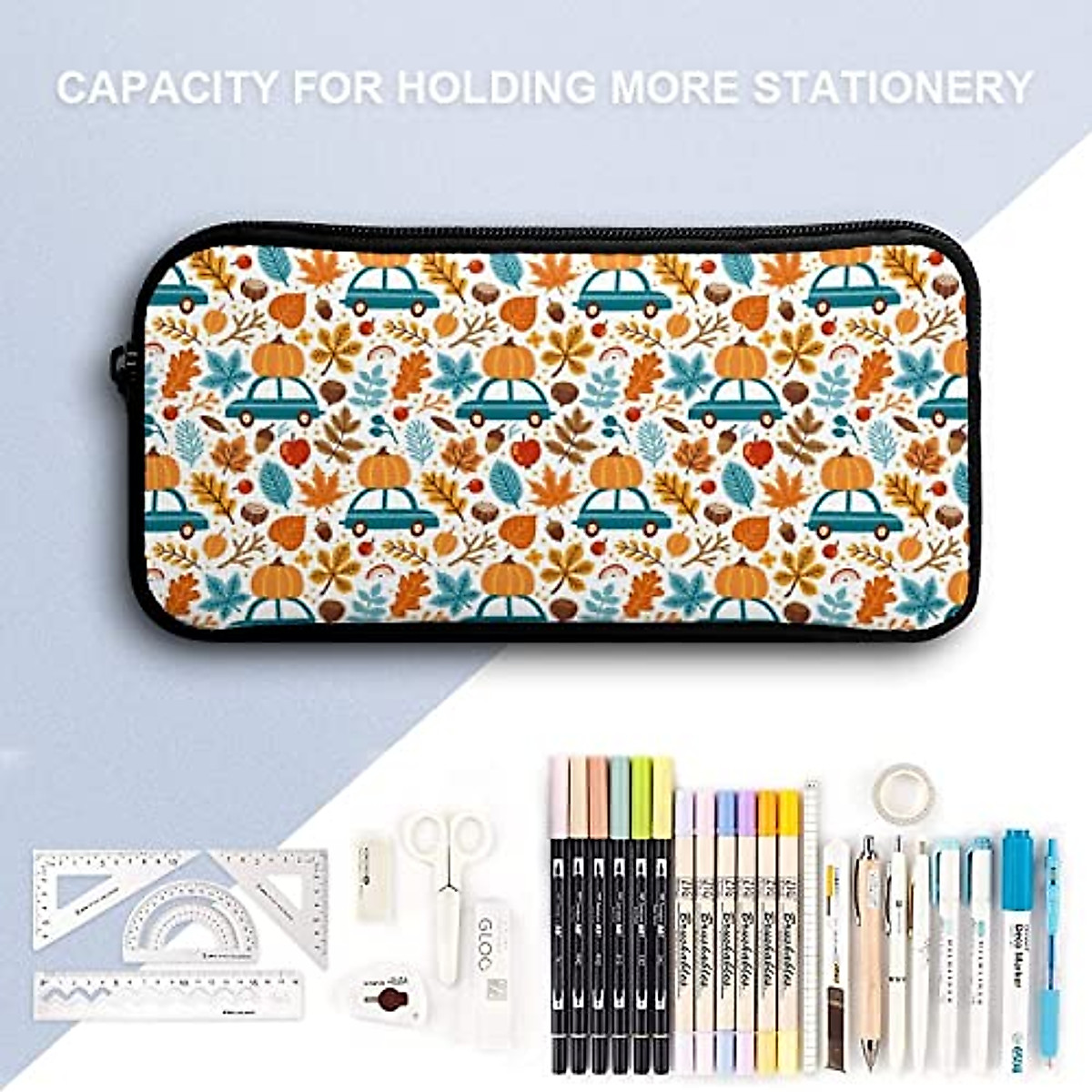 Autumn Pumpkins and Cars Pencil Case Makeup Bag Big Capacity Pouch Organizer for Office College