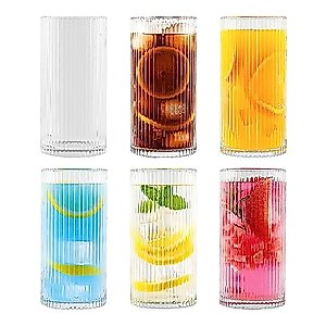 ZMOWIPDL Ribbed Glassware Vintage Drinking Glasses with Straws Set of 6,Clear Fluted Ripple Glass Cups 12.5oz,Ribbed Iced Coffee Cups for Cocktail, Whiskey, Beer, Juice, Water