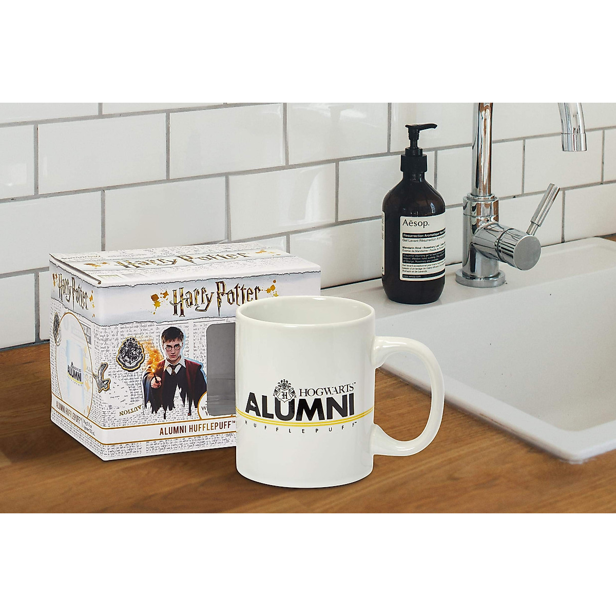 Harry Potter Hufflepuff Alumni 11-Oz Mug - White Ceramic Cup With Handle - Hogwarts Crest & House Yellow Stripe With Black Lettering - From Rowling's Wizarding World