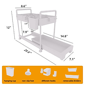 Under Sink Organizer, Sliding Cabinet Basket Organizer 2 Tier Under Bathroom Storage Rack with Hooks, Hanging Cup, Dividers, Multi-purpose Storage Shelf for Bathroom Kitchen (White)