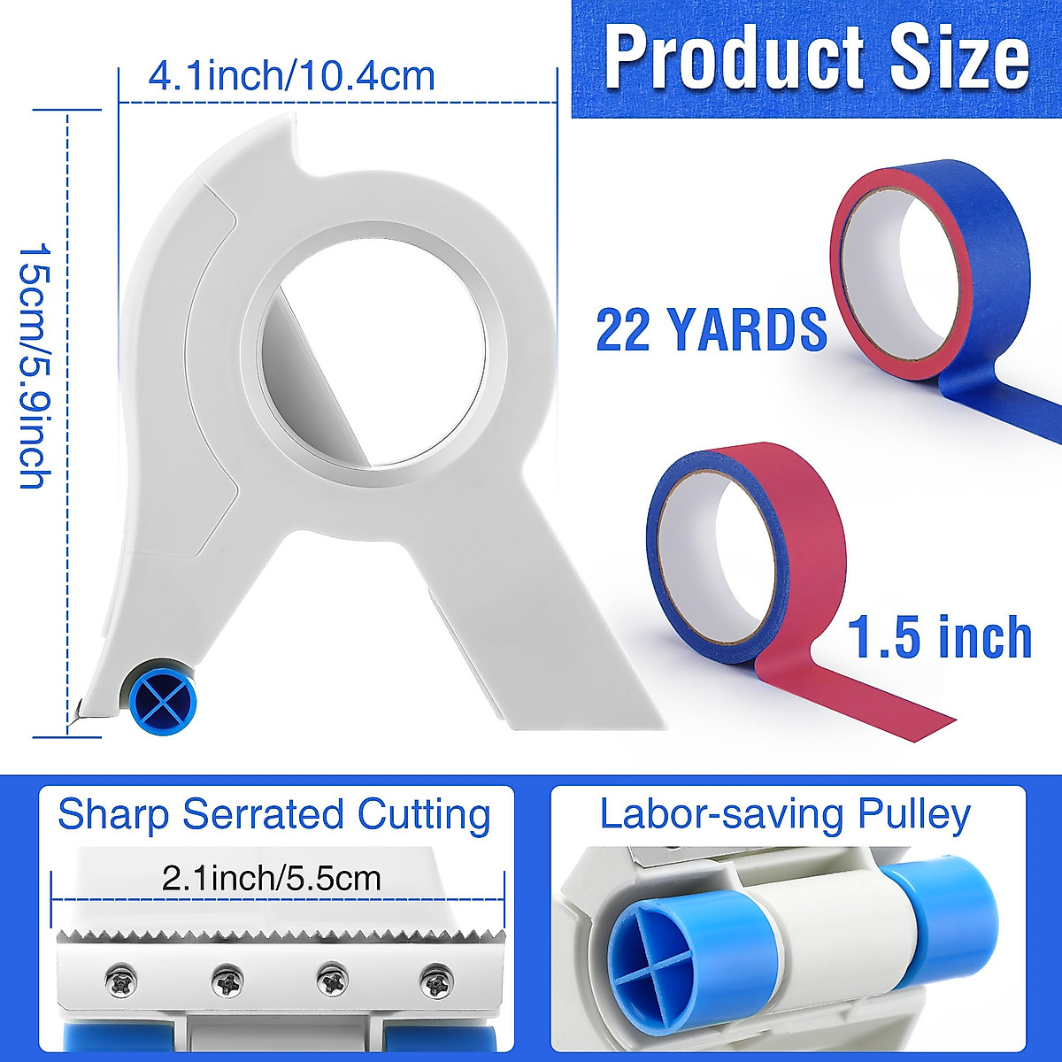 Hohean 1 Pack Masking Paint Tape Applicator Each 1.4 Inch Painters Tape, Portable Masking Set Sharp Tape Cutter for Painting, Trim, Windows, and Door Frames (White)