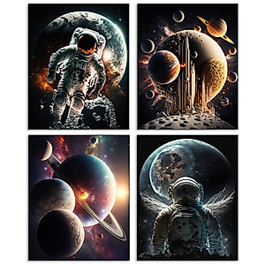 Nilem Design Outer Space Wall Art Planet Posters Set of 4 Unframed (8''x10'') Space Posters for Boys Room Decor Astronaut Poster Space Themed Wall Art Kids Space Room Decor Galaxy Poster