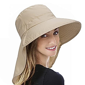 Outdoor Fishing-Hat Summer Sun-Hats for Women - Wide Brim UPF 50+ Fishing Hat UV Protection Hiking Hat with Neck Flap Cap Beige