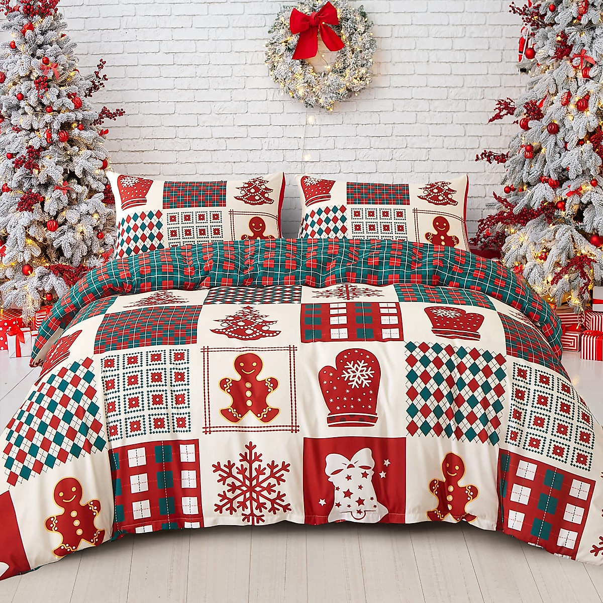 Dobuyly Christmas Duvet Cover Set Twin Cute Christmas Tree Snowflake Bell Pattern Patchwork Bedding Set for Kids Teens Reversible Red Green Plaid Xmas Comforter Cover with 1 Pillowcase