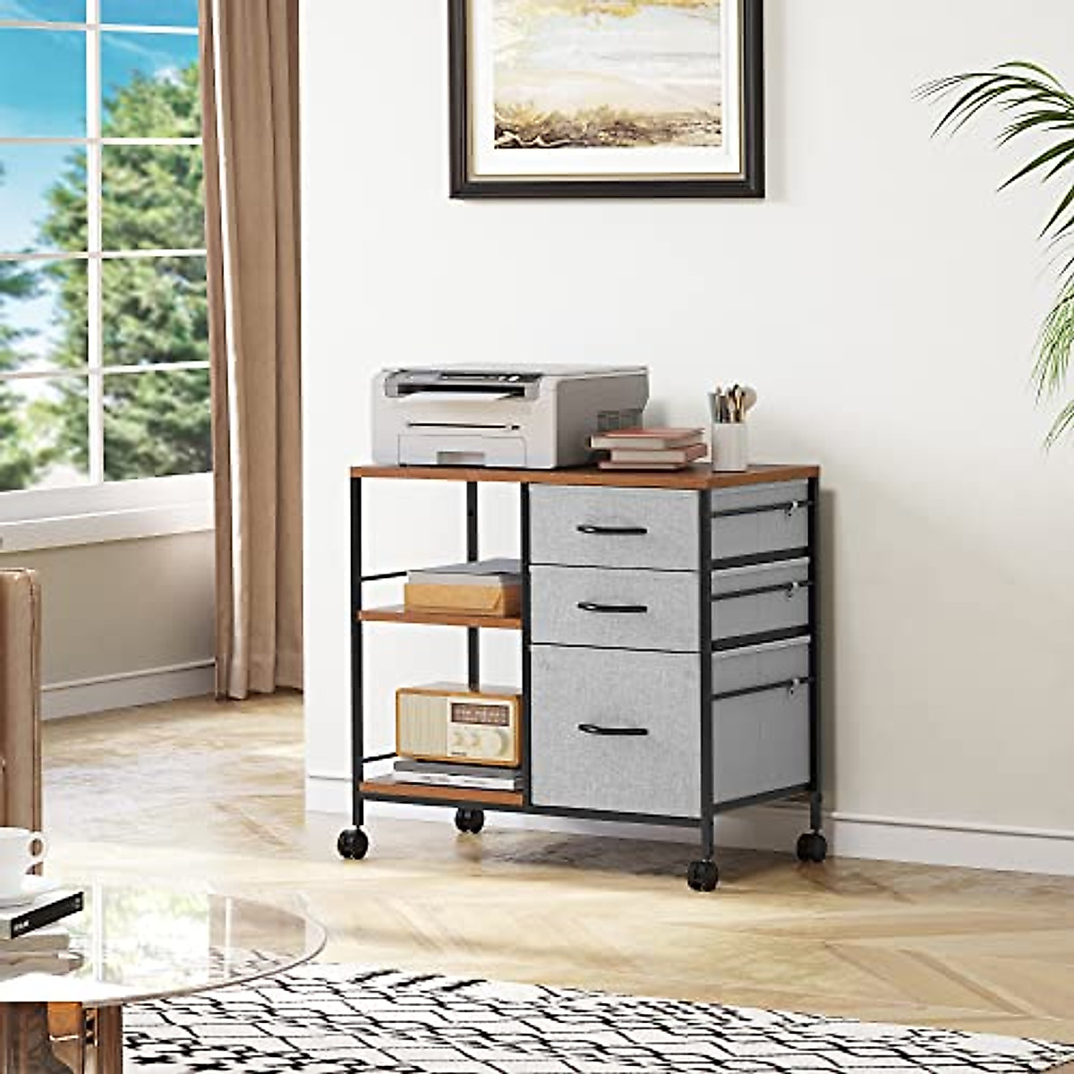 YITAHOME 3 Drawer File Cabinet, Mobile Printer Stand with Open Storage Shelf, Lateral Fabric File Cabinet for Home Office, Rolling File Cabinet Fits A4/Letter Size Light Gray
