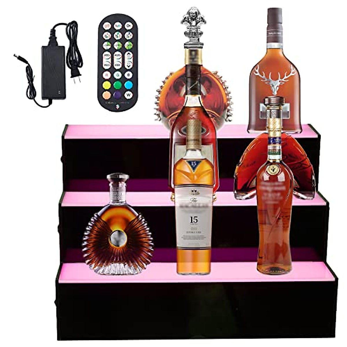 Ganggend 16 Inch 3-Step LED Lighted Liquor Bottle Display Shelf, LED Bar Shelves for Home/Commercial Bar Living Room Accessories and Decor Acrylic, Lighted Bottle Display with Remote & App Control