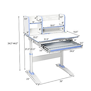 Costzon Kids Desk, Height Adjustable Children Study Desk w/Tilt Desktop, Storage Drawer, Book Shelf, Metal Hook, Writable Tabletop for Writing, Painting, Reading, Multifunctional Student Desk, Blue
