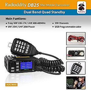 Radioddity DB25 Pro Dual Band Quad-Standby Mini Mobile Car Truck Radio, 4 Color Display, 25W Vehicle Transceiver with Cable + High Gain Quad Band Antenna