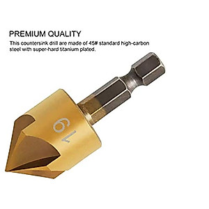 Y-imoi - Countersink Drill Bit Countersink Drill Bit Set 6 Pcs 1/4'' Hex Shank Titanium Plated HSS 5 Flute Countersink 90 Degree Center Punch Tool Chamfer Bit Sets for Wood Quick Change Bit 6mm-19mm
