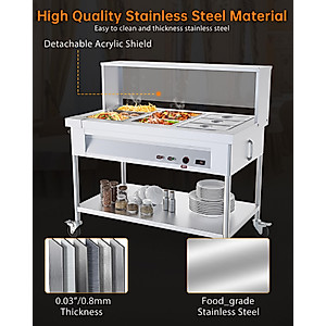 72QT Steam Table 9x8QT Electric Commercial Food Warmer 9-Pans with Acrylic Shield Stainless Steel Bain Marie Countertop with Lockable Wheels for Restaurants Buffets Party 1500W, 110V