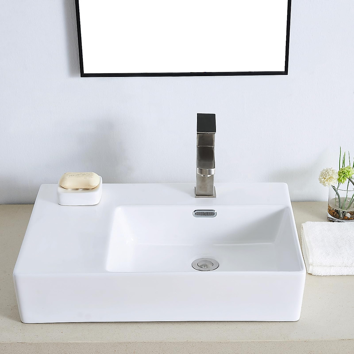Bathroom Sink,White Wall Mounted Sink,Rectangle Wall Mount Bathroom Vessel Sink,24"X17"Modern Floating or Countertop Porcelain Ceramic Washing Bathroom Lavatory Sink,Right Side